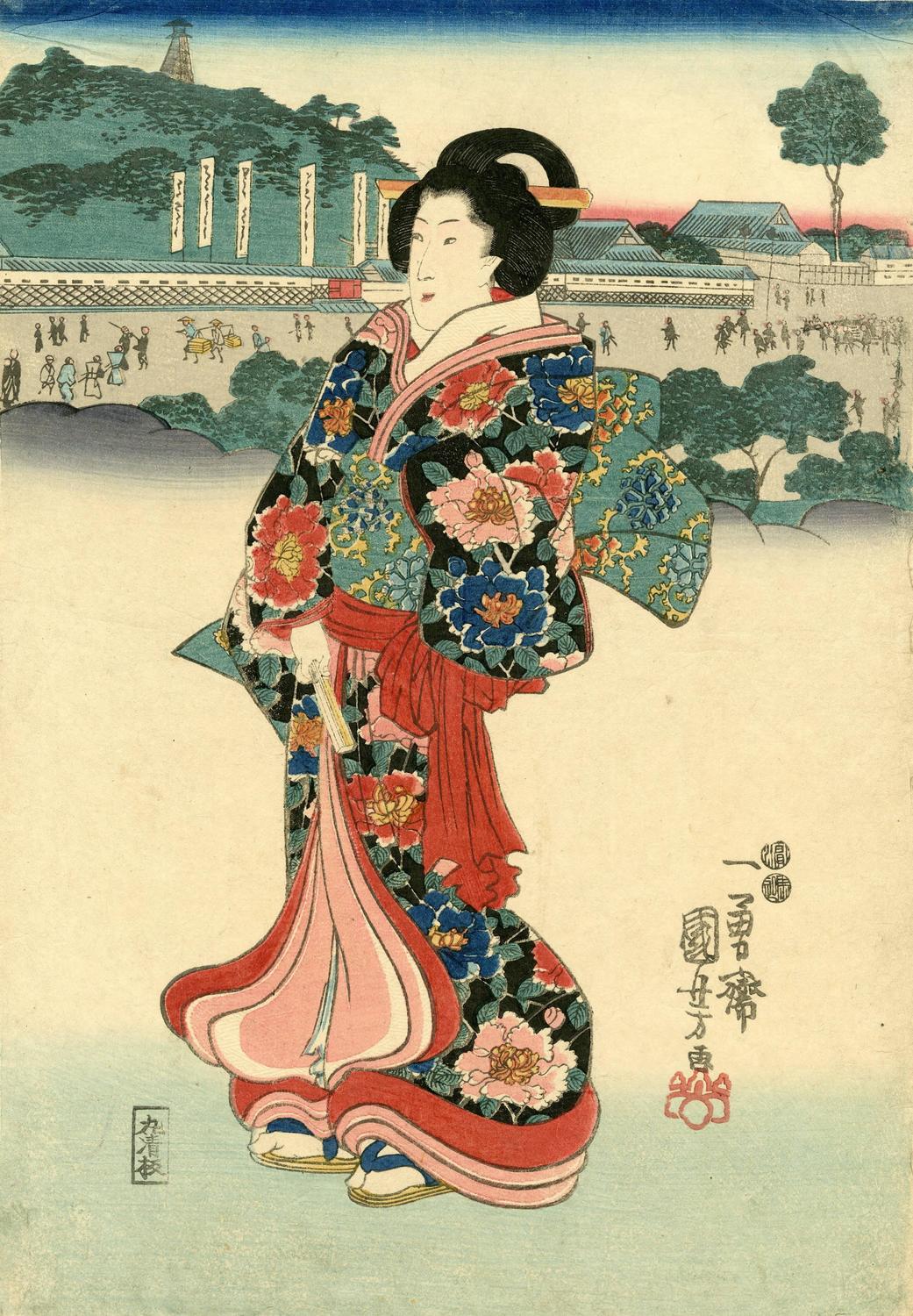 Utagawa Kuniyoshi - Geisha strolling near Hongo (Tokyo) For Sale at 1stdibs