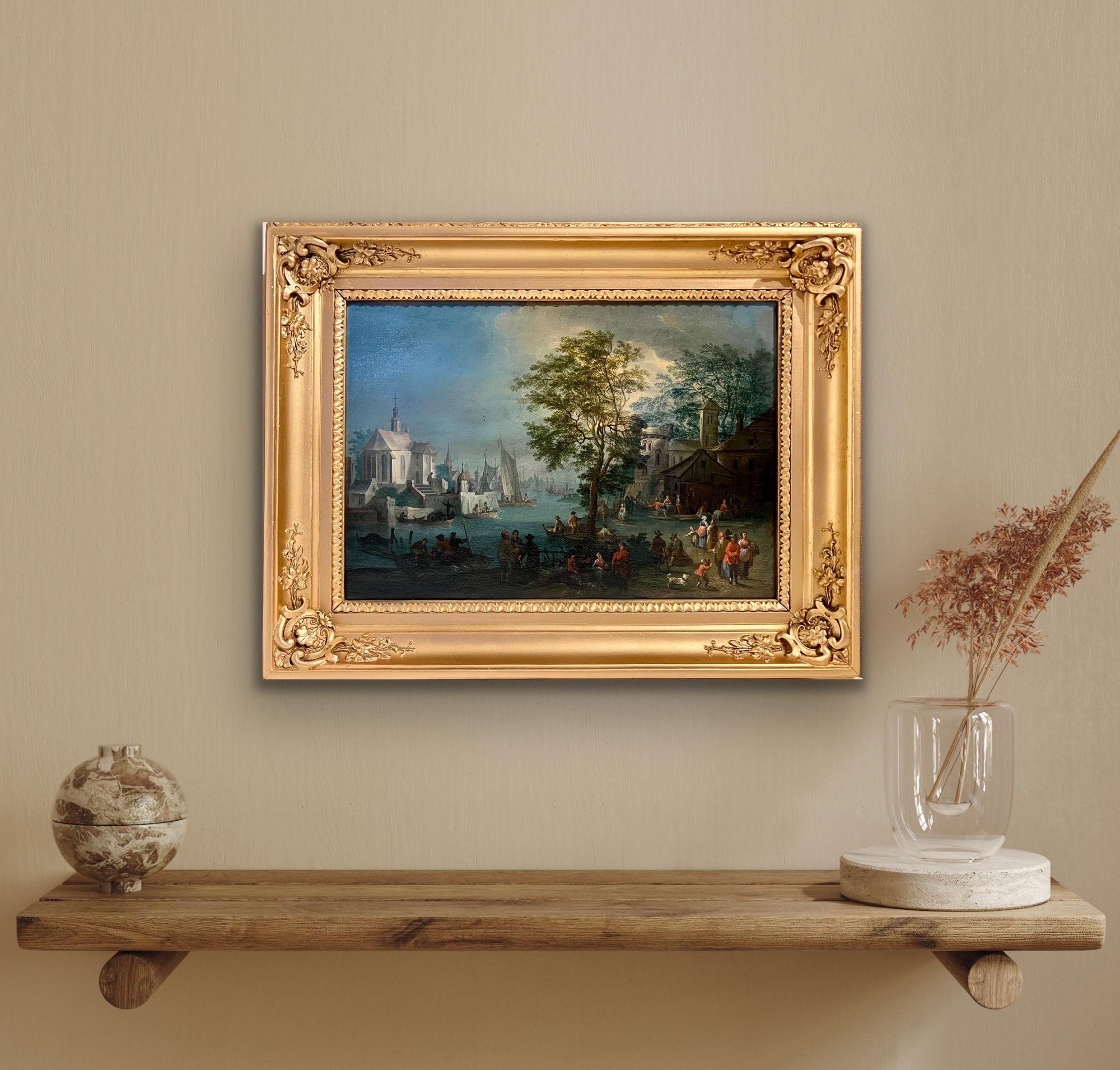 Bustling 17th century harbour landscape with fishermen, visitors and ...