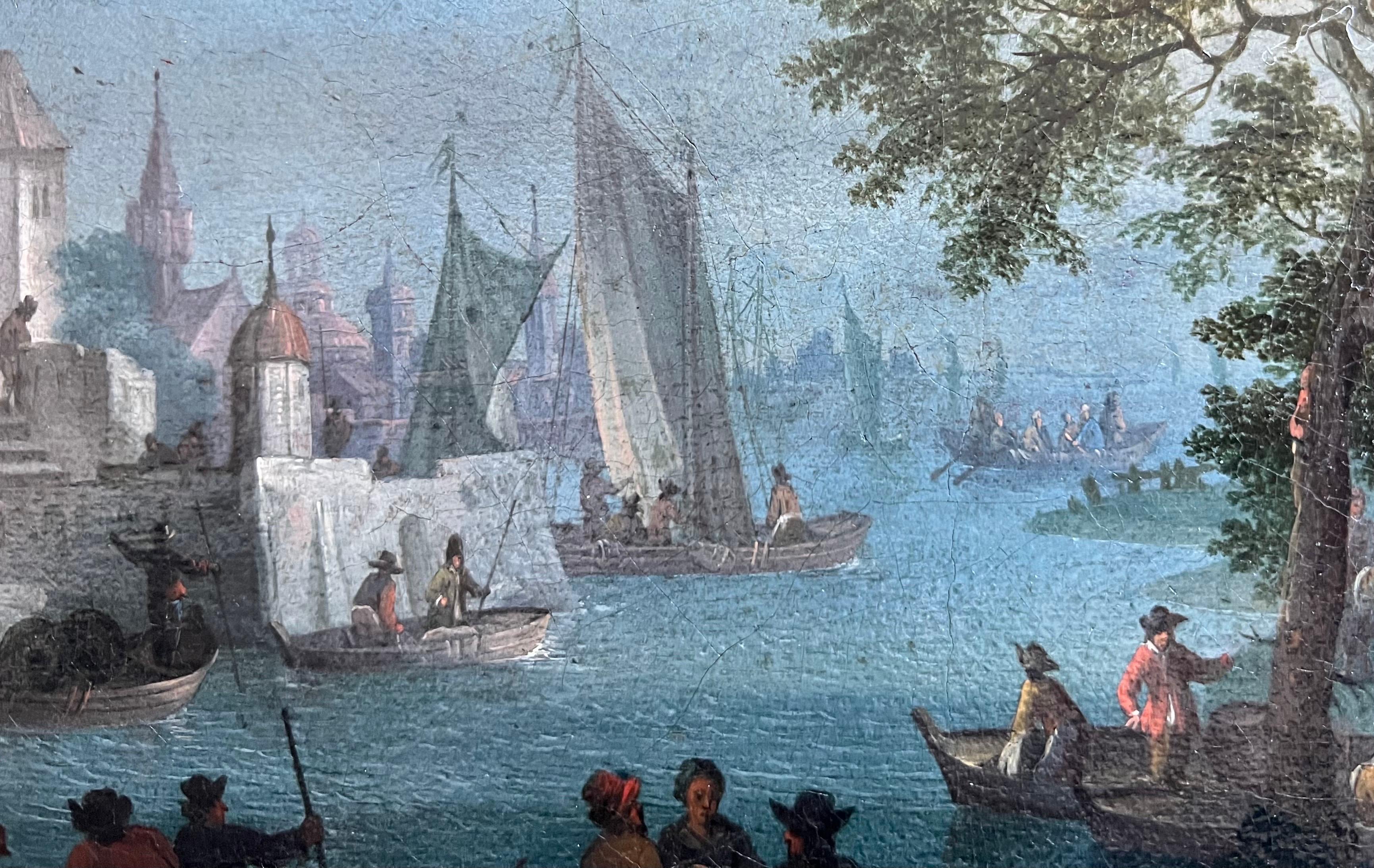 Bustling 17th century harbour landscape with fishermen, visitors and ...