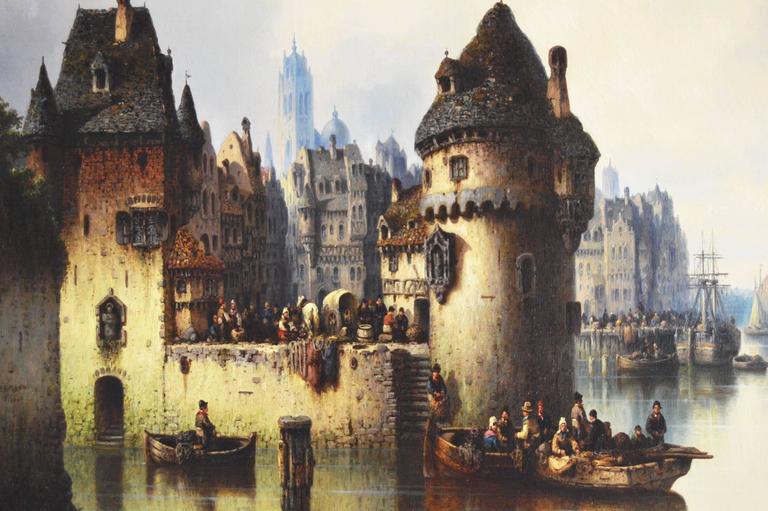 Ludwig Hermann - Harbour on the Rhine, oil on canvas at 1stDibs