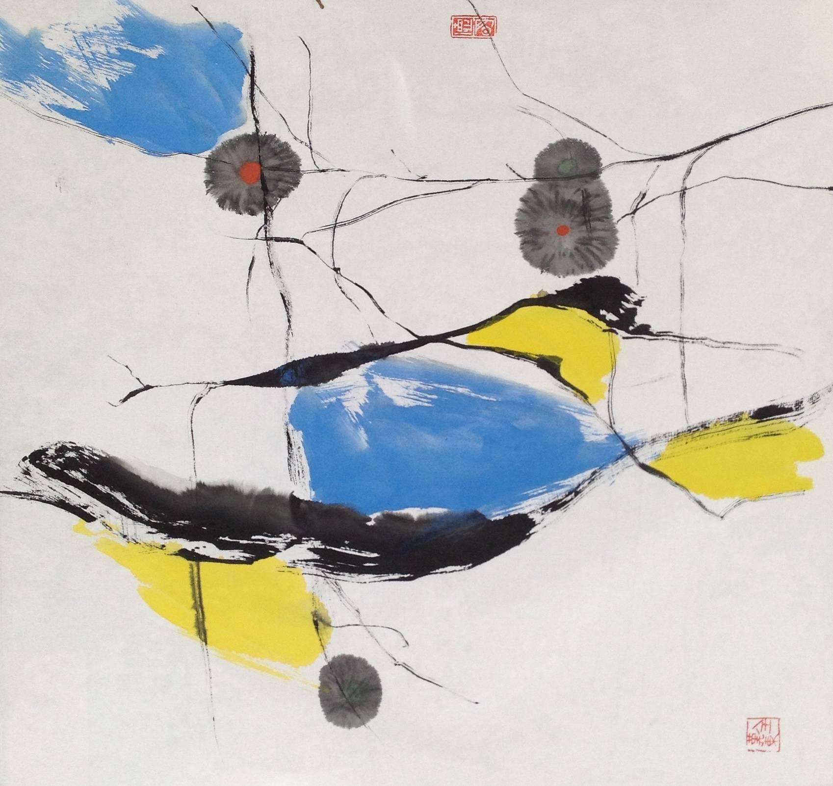 Zhou Xiao - "Dragonfly #6" Chinese abstract ink on paper drawing in red ...