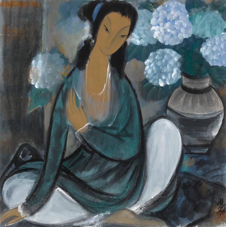 Lin Fengmian - Seated Lady and Dahlia at 1stDibs