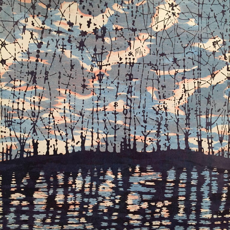Eve Stockton - Cloud Trees variation 1, Woodcut Print of Stream and ...