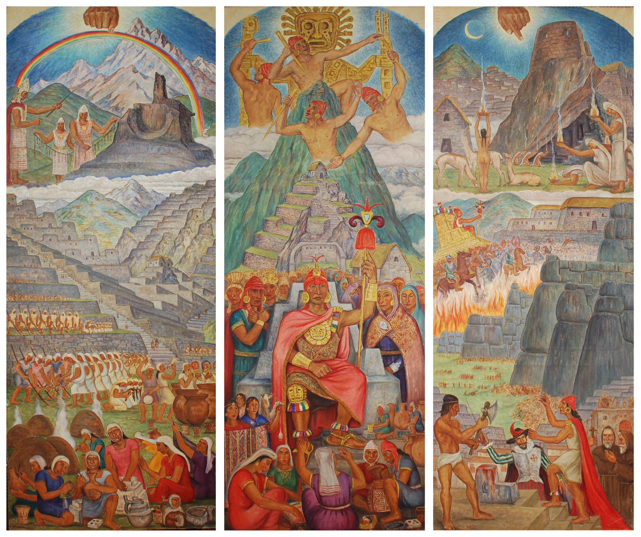 T. Allain - 1949 Three Panel Screen depicting, The Conquest of Peru, by ...