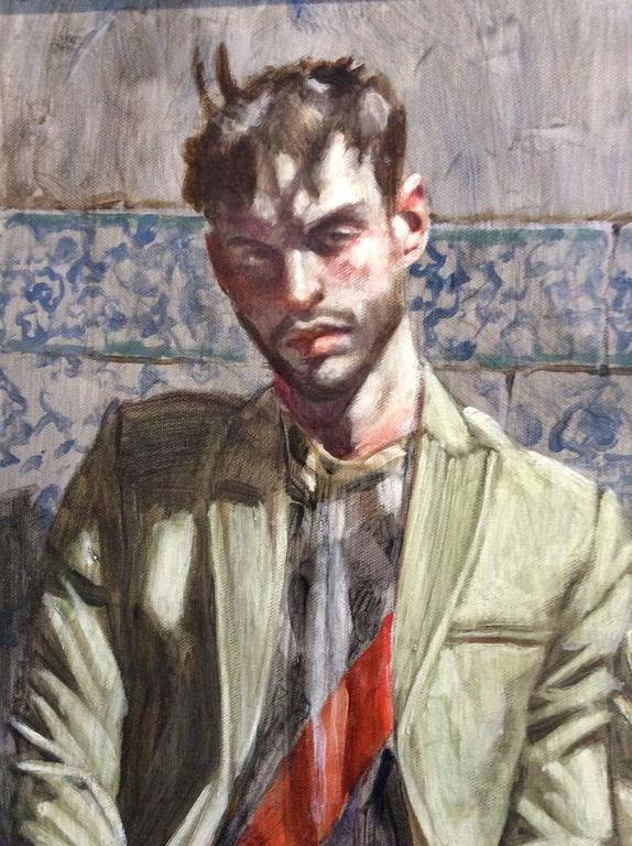 Mark Beard - Two Men on Painted Tile (Figurative Oil Painting of Two ...