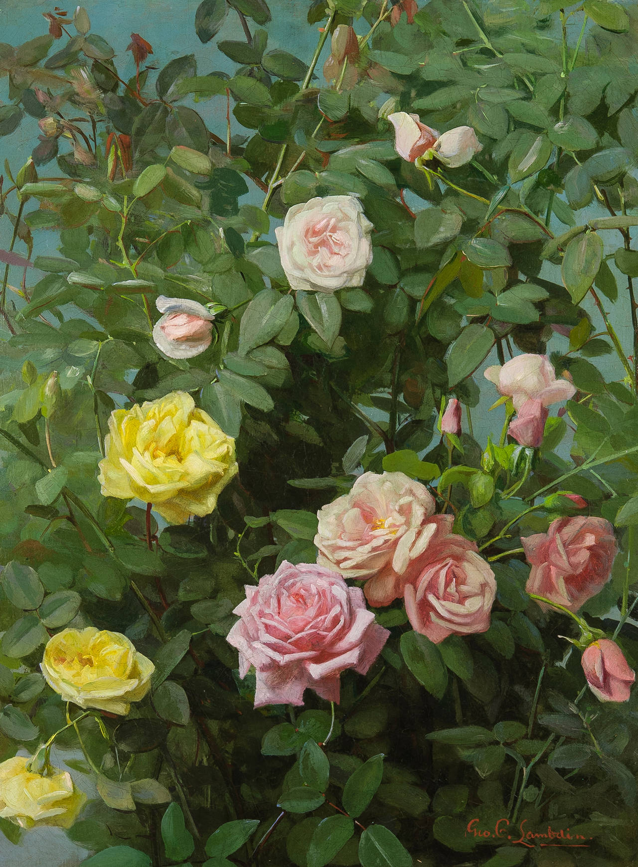 George Cochran Lambdin - Pink and Yellow Roses, Painting at 1stdibs