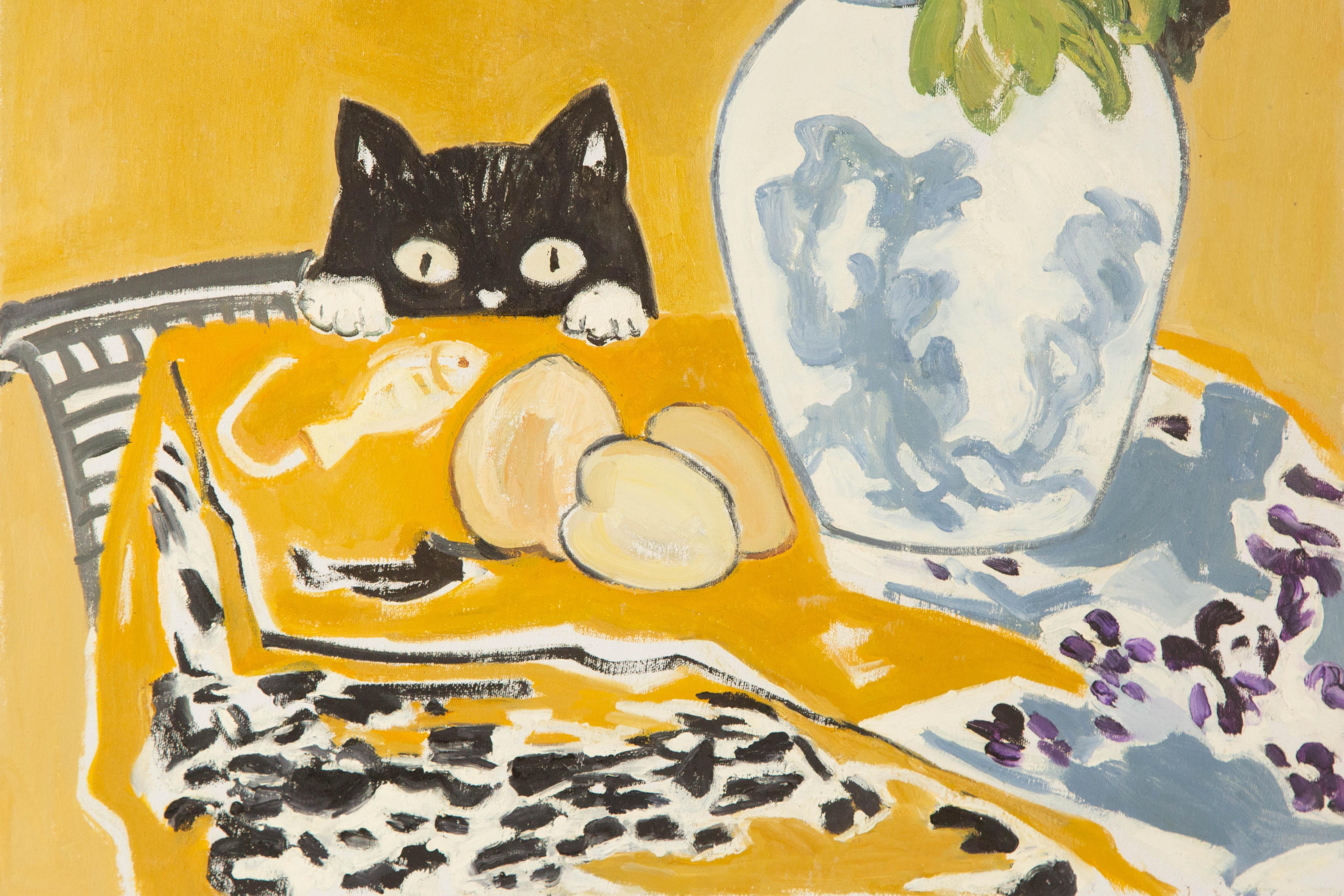 Yi Fu - Yi Fu Still Life Original Oil On Canvas "Cat and Flowers" For ...
