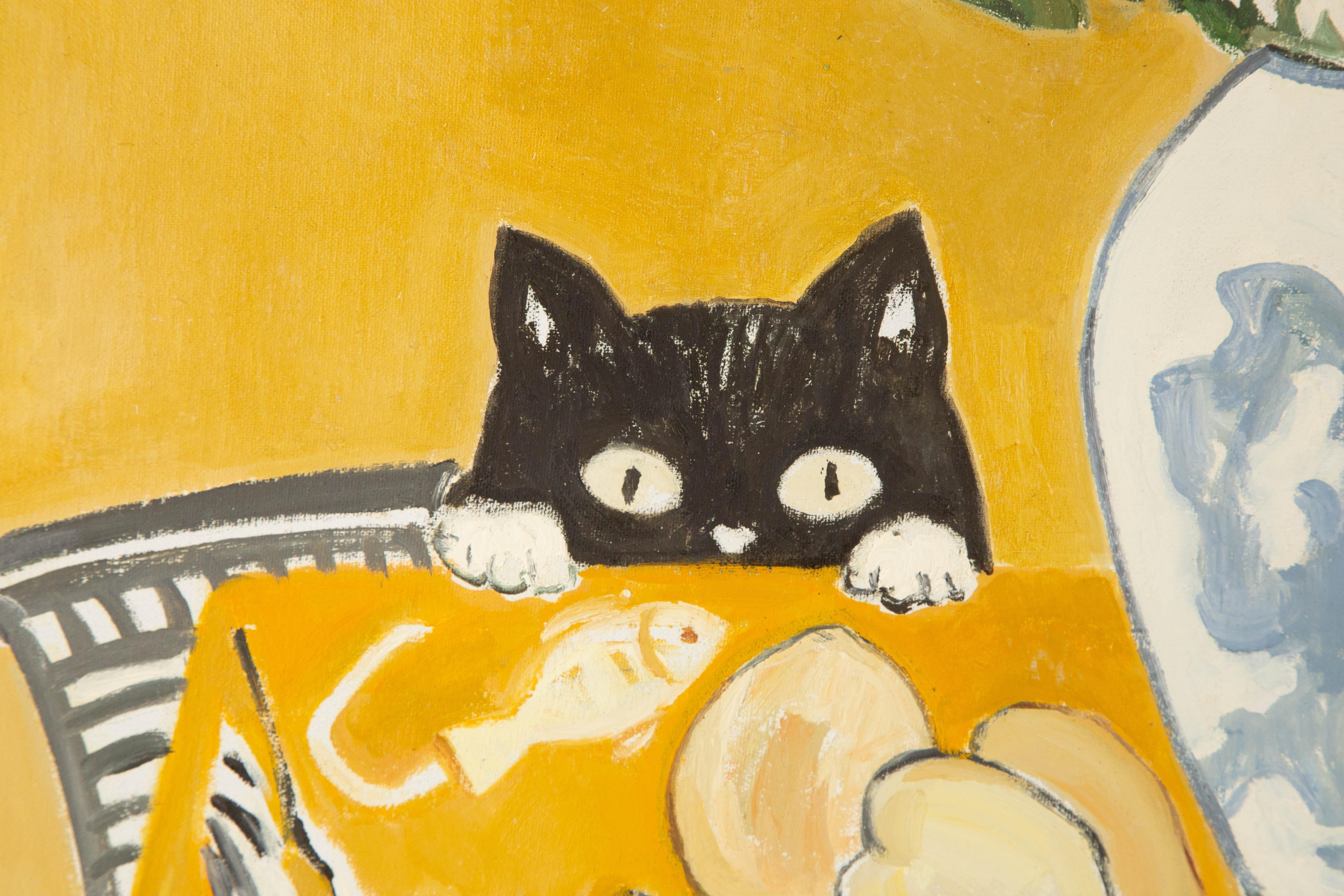 Yi Fu - Yi Fu Still Life Original Oil On Canvas "Cat and Flowers" For ...