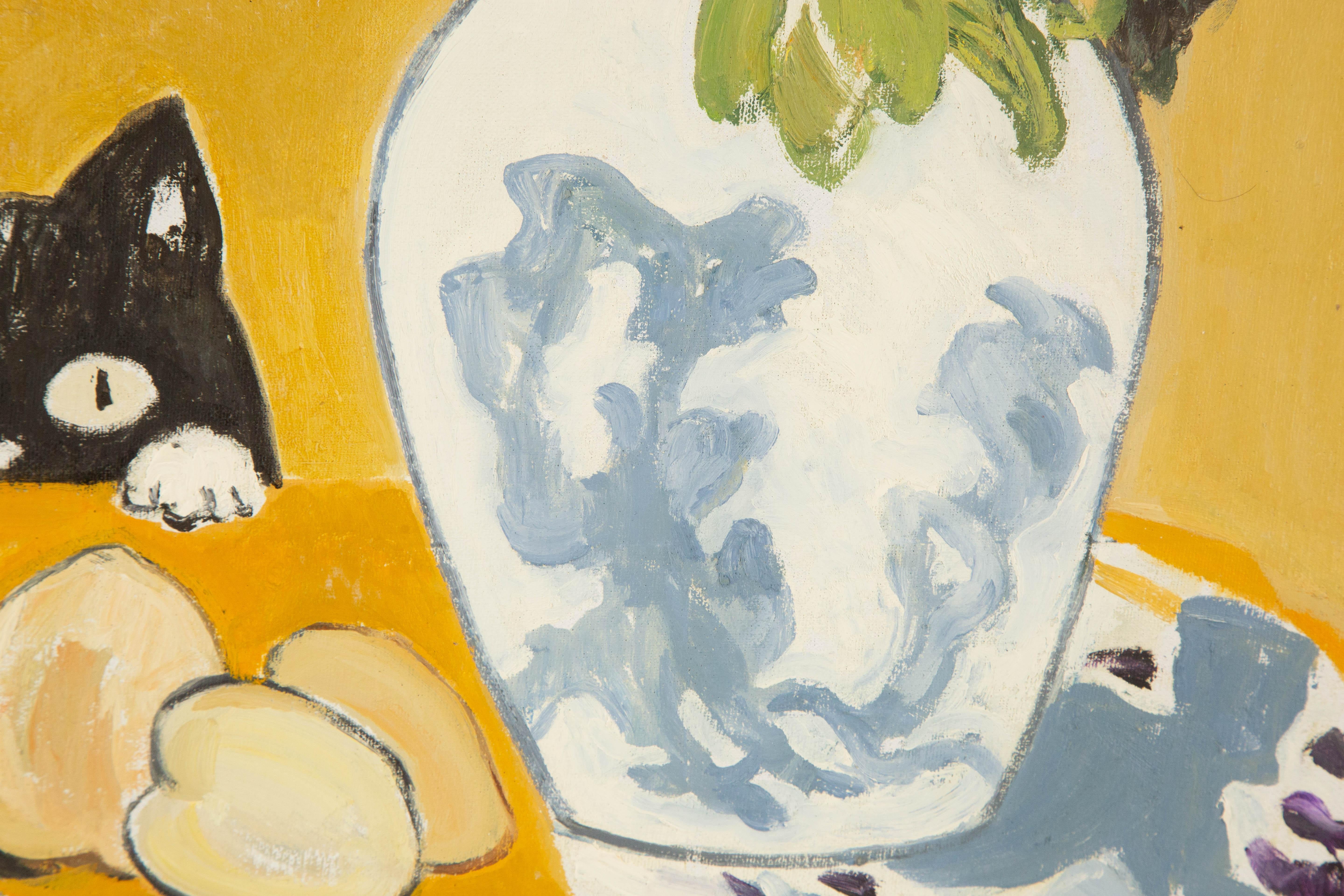 Yi Fu - Yi Fu Still Life Original Oil On Canvas "Cat and Flowers" For ...