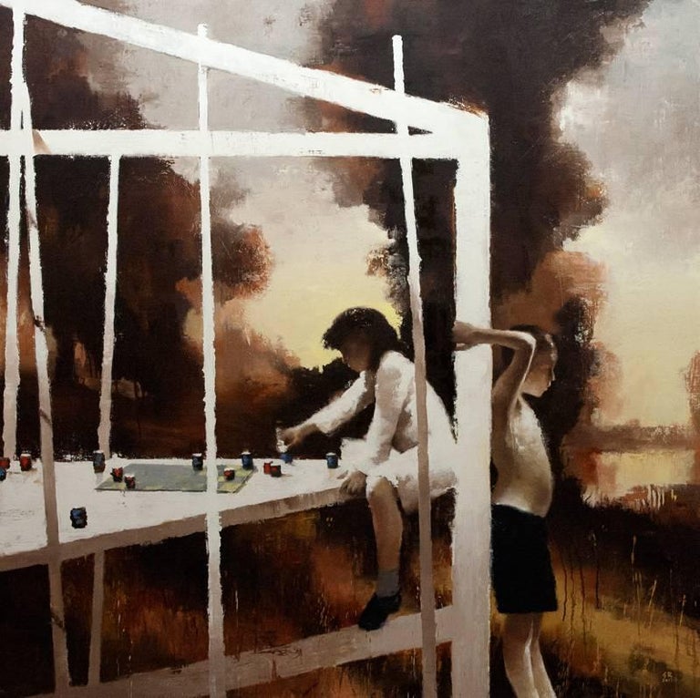 Gary Ruddell - BUST A MOVE, figurative painting, white platform, girl ...