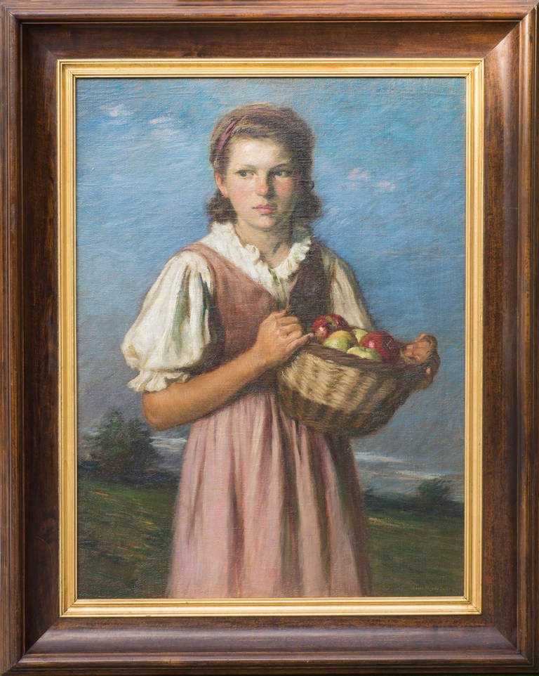 Lajos Rezes Molnar - Girl Holding a Basket of Fruit For Sale at 1stDibs