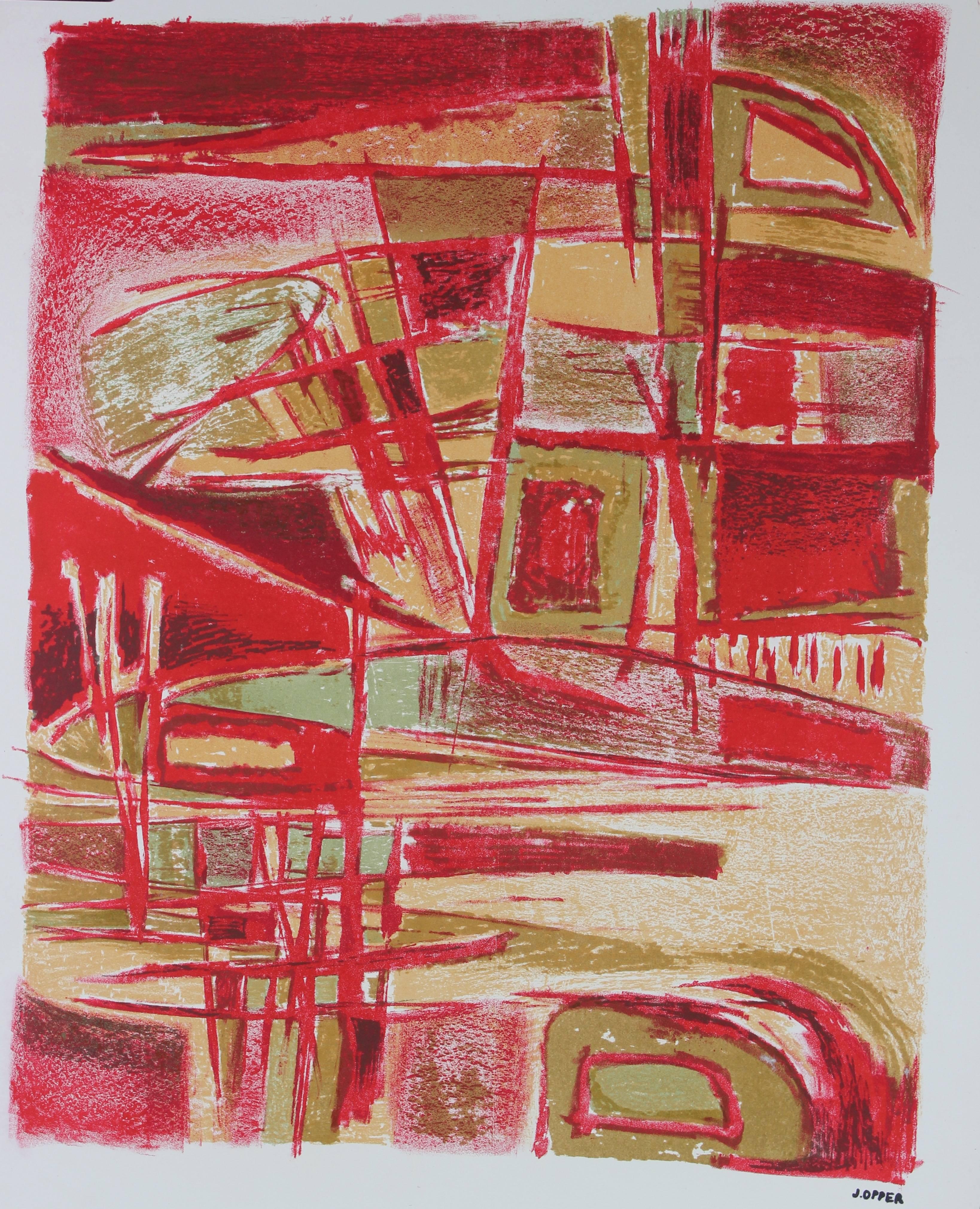Jerry Opper - Mid Century Modern Abstract in Red, Lithograph Print on ...