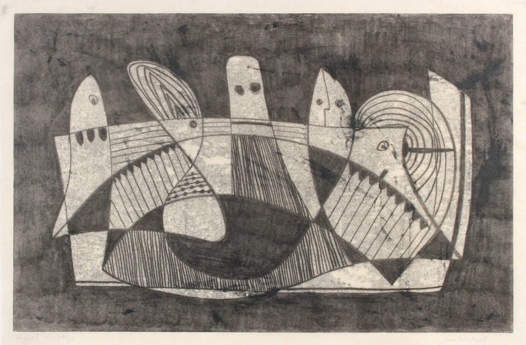 Jane Mitchell - Abstracted Cubist Figures, Monotype on Paper, Circa ...