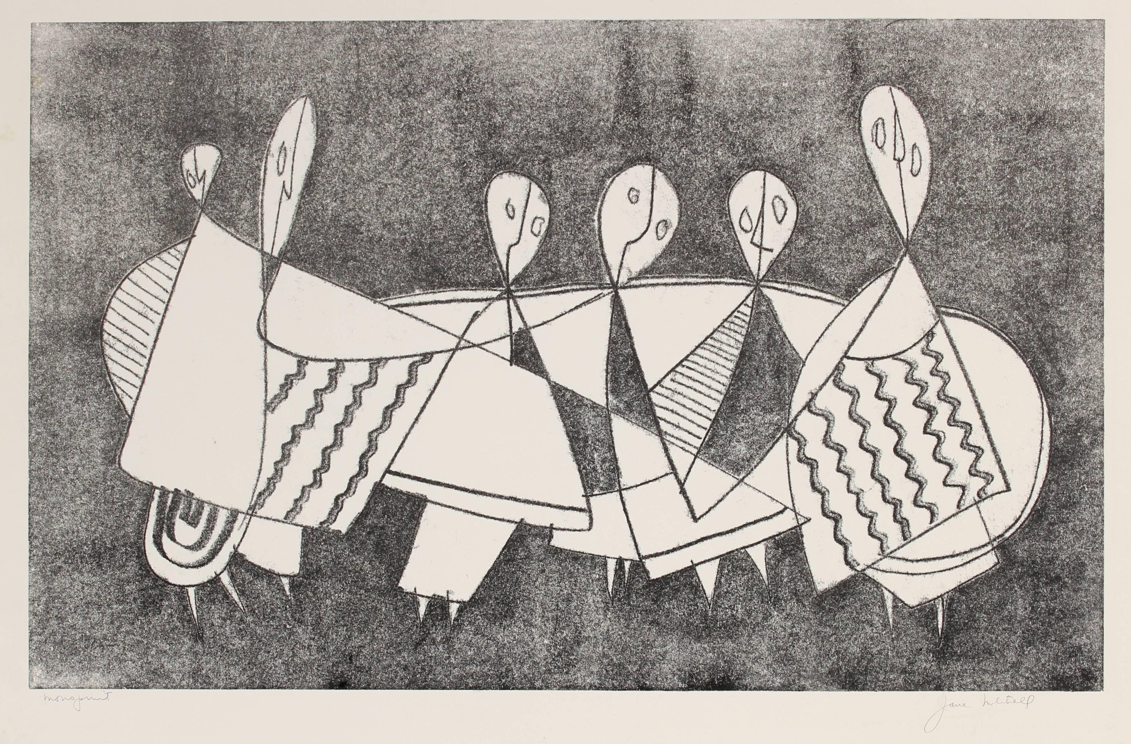 Jane Mitchell - Seated Cubist Figures, Monotype, Circa 1970s at 1stDibs