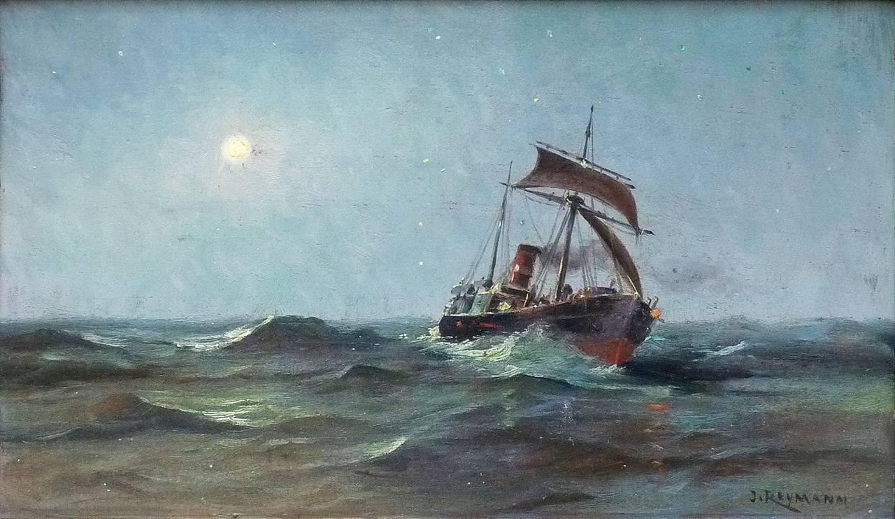 Joseph Jacques Reymann - Steamboat in the moonlight, oilpainting by ...