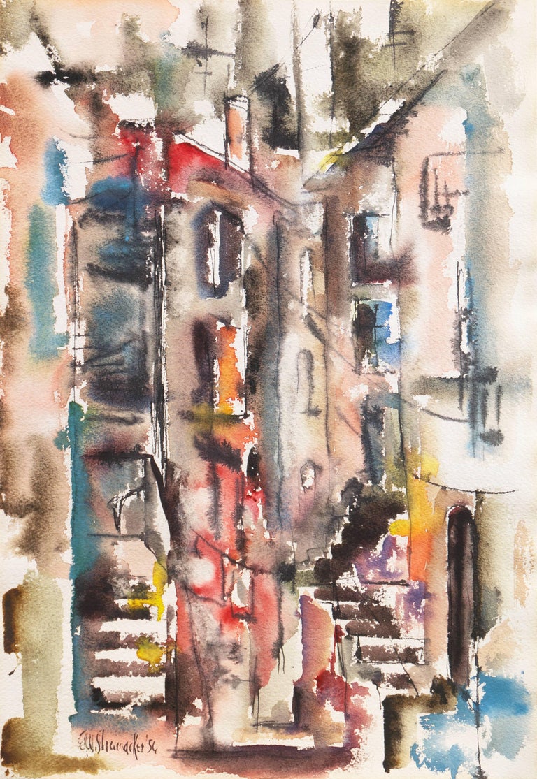 Elizabeth Shumacker - 'At the Stoop', Mid-century Urban Watercolor ...