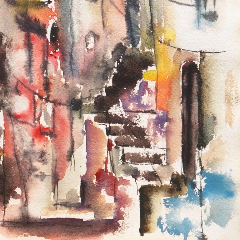 Elizabeth Shumacker - 'At the Stoop', Mid-century Urban Watercolor ...
