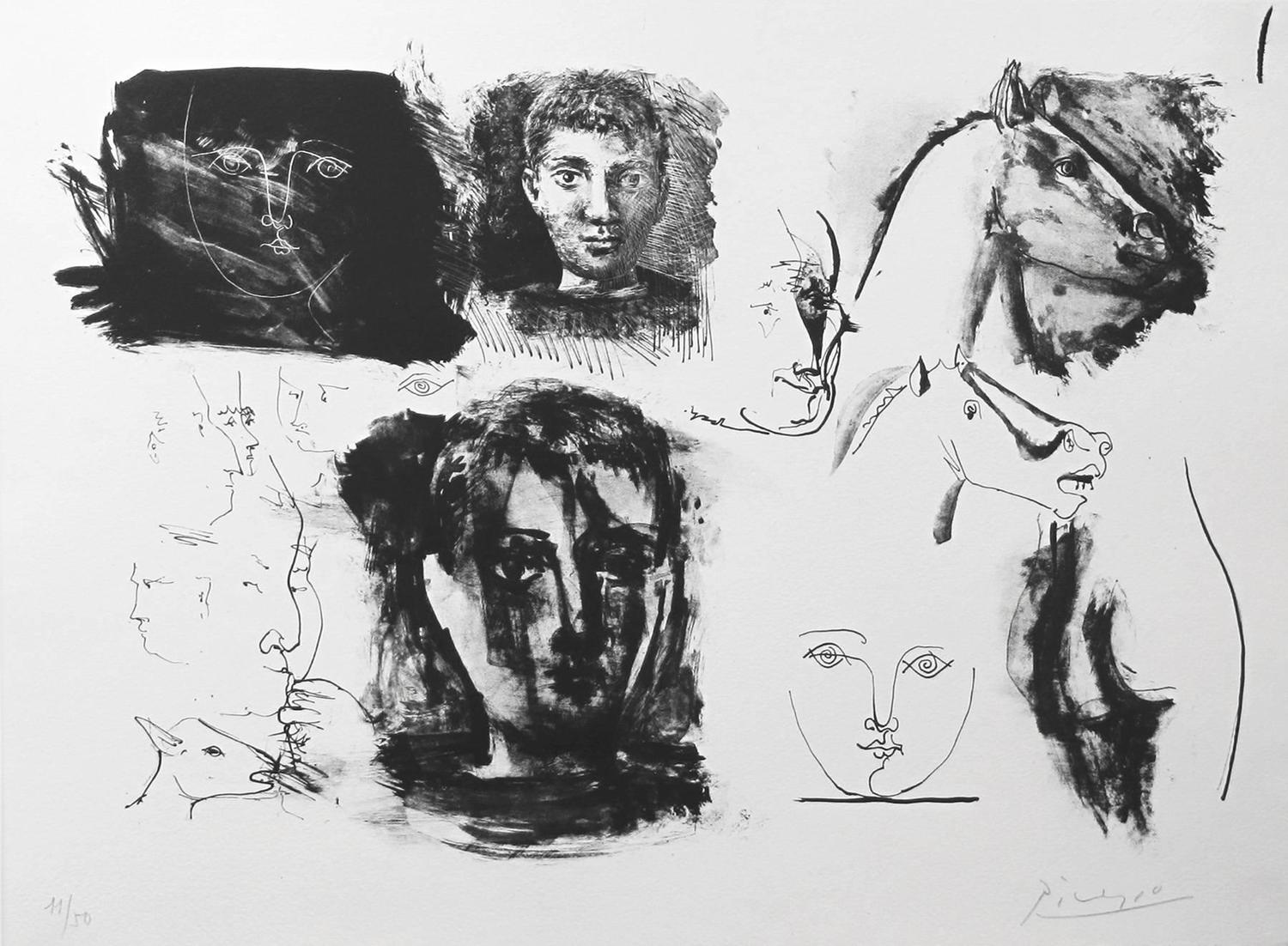 Pablo Picasso - Page of Sketches: Heads of Children and Horses For Sale ...