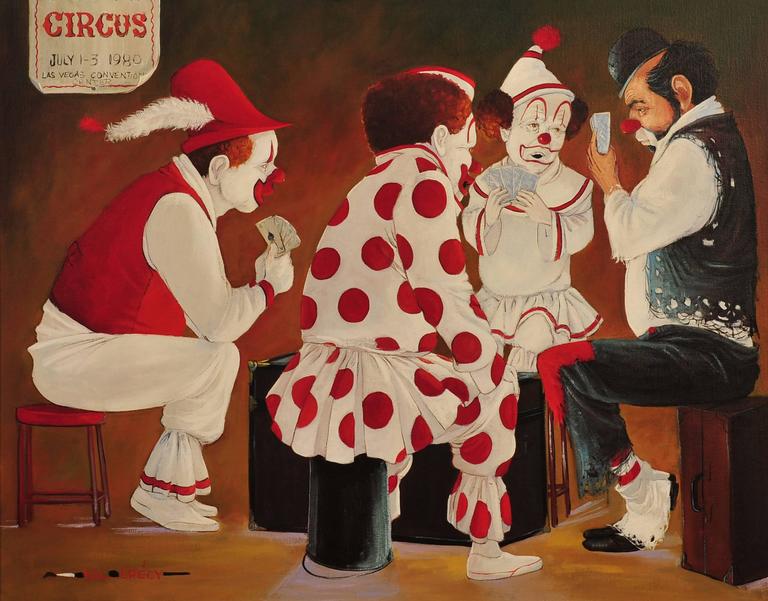 Hal Crecy - Hobo and Three Clowns at Poker, Painting For Sale at 1stdibs