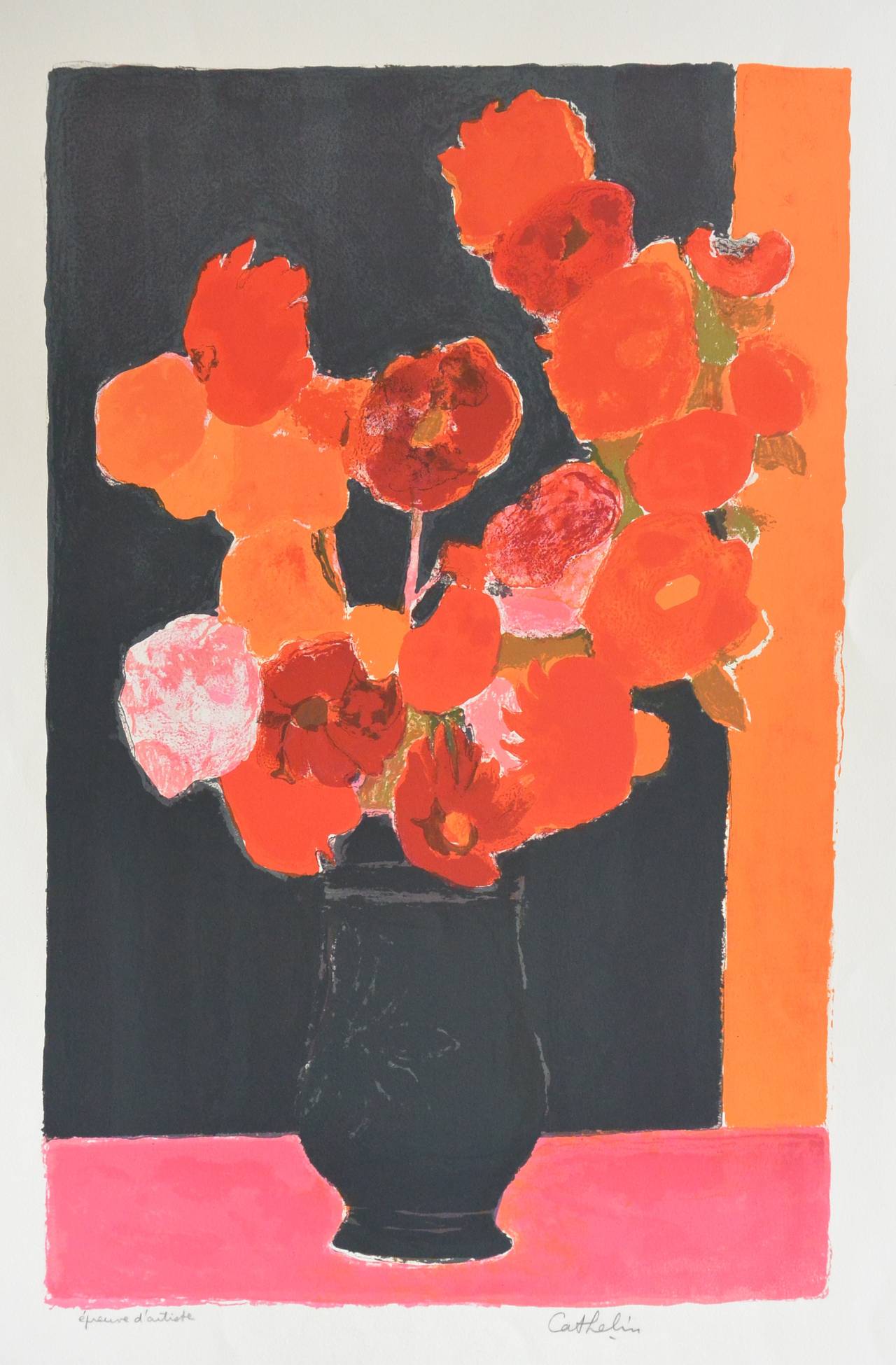 Bernard Cathelin - Bouquet de dahlias au fond noir at 1stDibs
