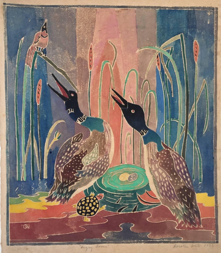 Dorothe White - ANGRY LOONS (White line woodcut) at 1stDibs