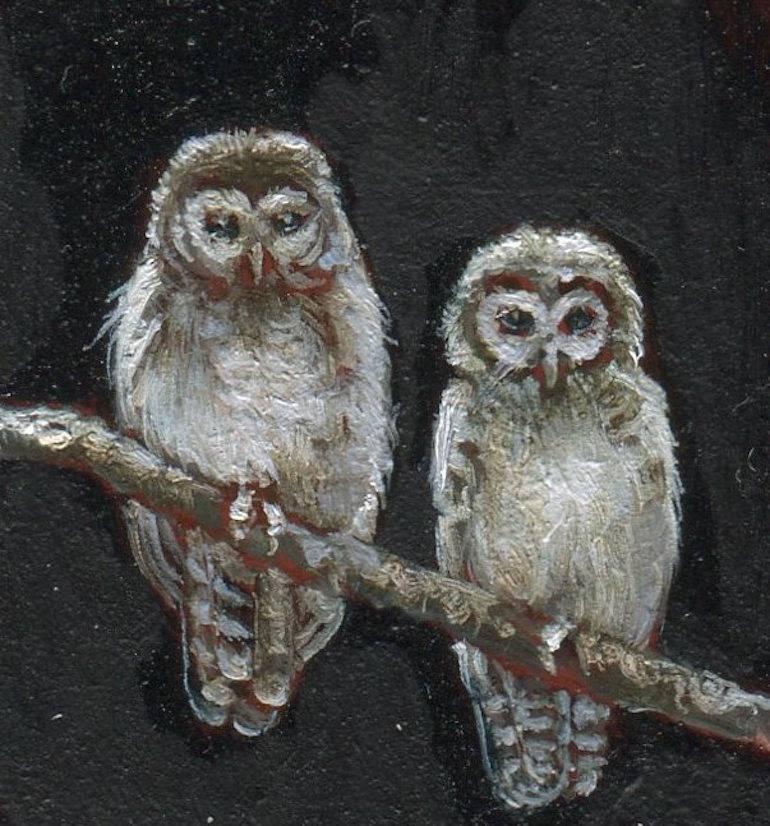 Dina Brodsky - Dina Brodsky, Tiny Owls, Realist oil on mylar miniature ...