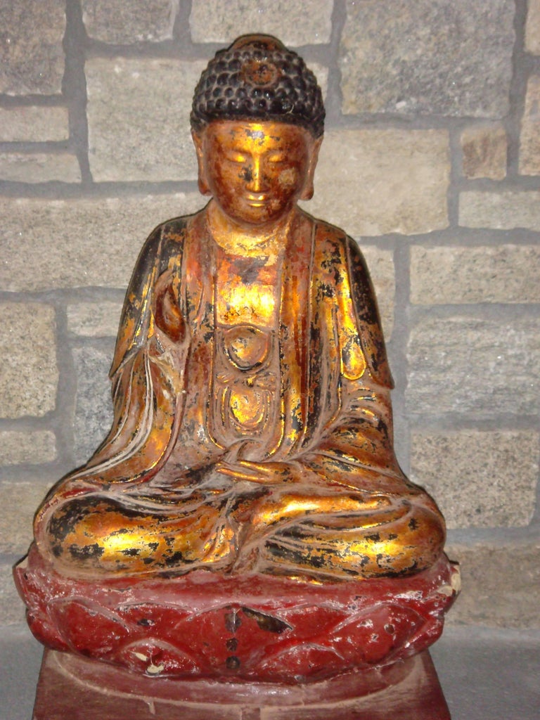 Unknown - "Buddha Statue I" Unknown Red Gold Black Wood Seated Buddha ...