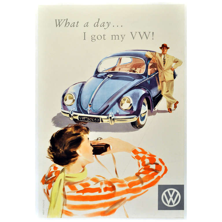 Unknown - Original Vintage Mid-century Volkswagen Beetle car poster ...