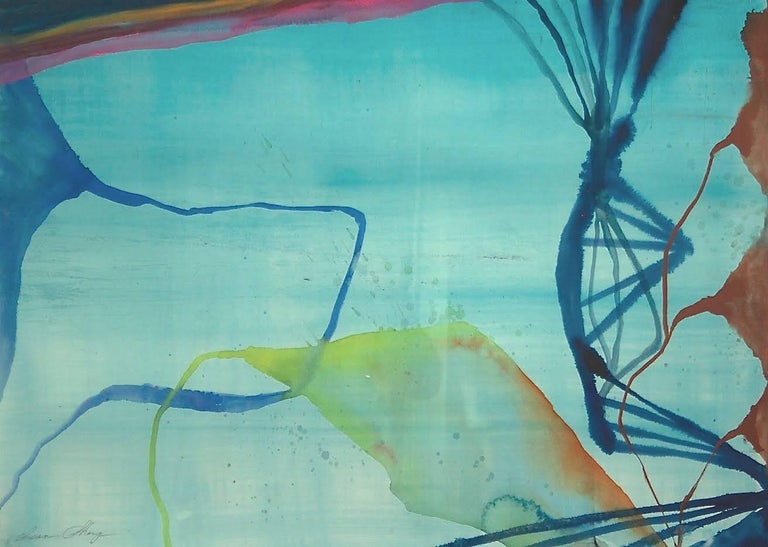 Susan Sharp - "Beach Walk n° 2" Abstraction en bleus, verts, chartreuse ...