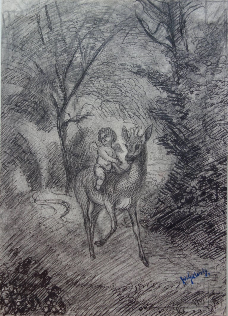Demetrios Galanis - Angel Riding a Deer - Original pencil and ink ...