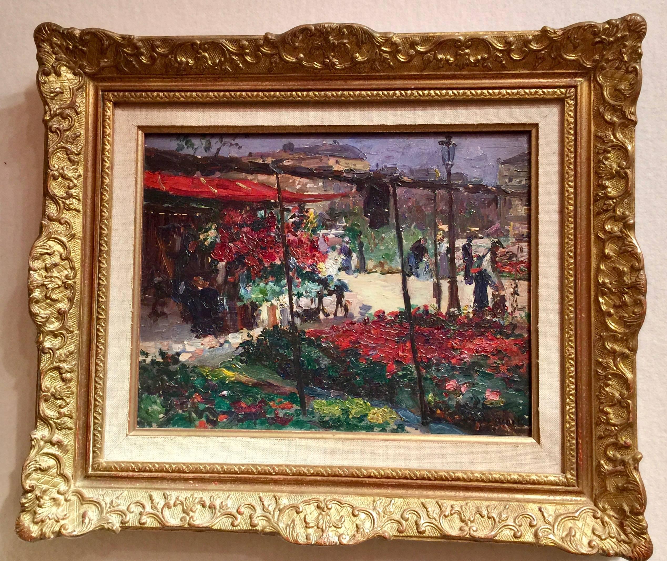 George Binet - Une scène de marché à fleurs française sur 1stDibs