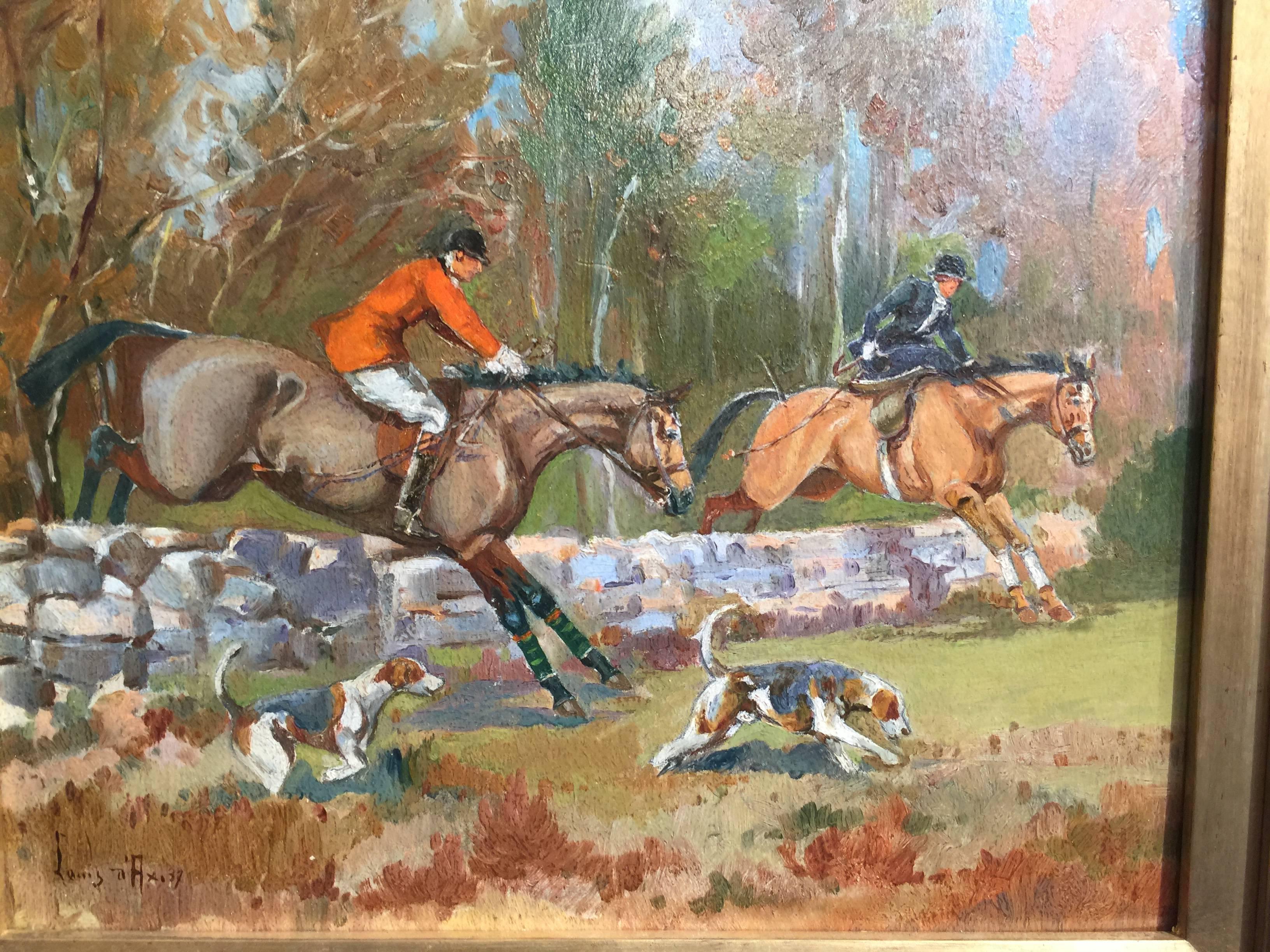 Louis a'Axi - French Fox Hunting scene with horses and fox hounds going ...