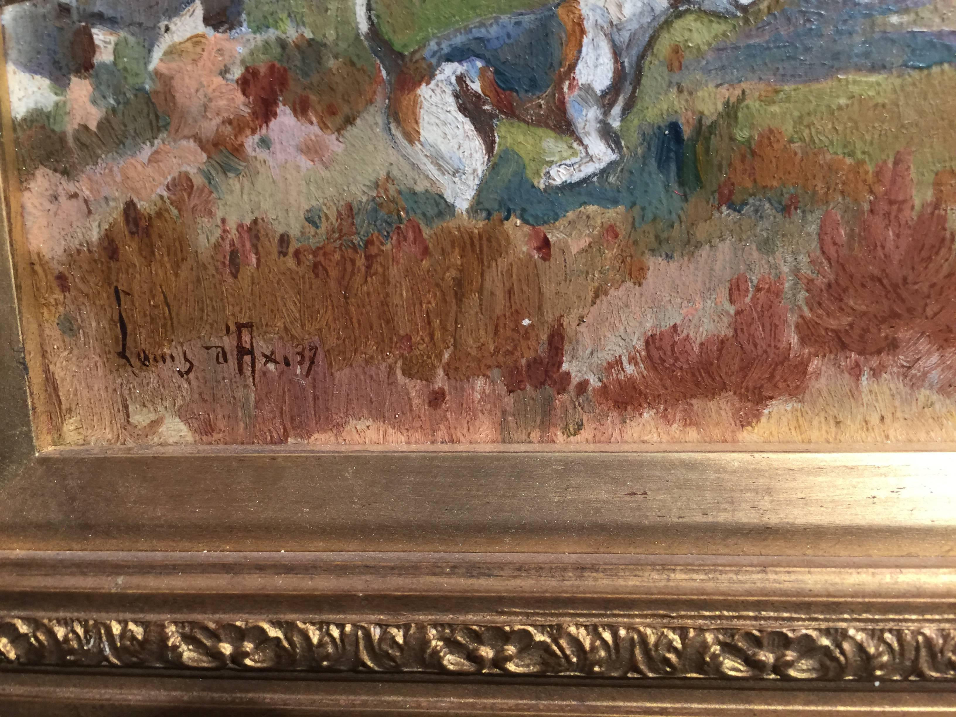 Louis a'Axi - French Fox Hunting scene with horses and fox hounds going ...