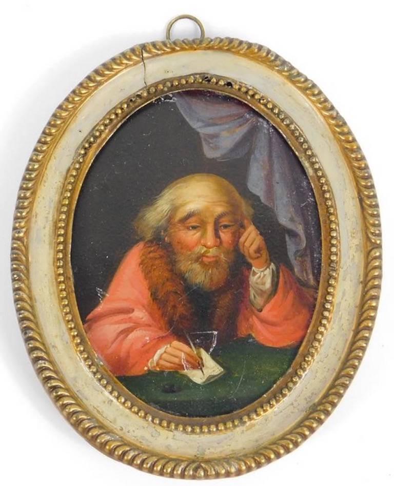 Unknown - 18thC Old Master Painting - The Miser seated at a table with ...