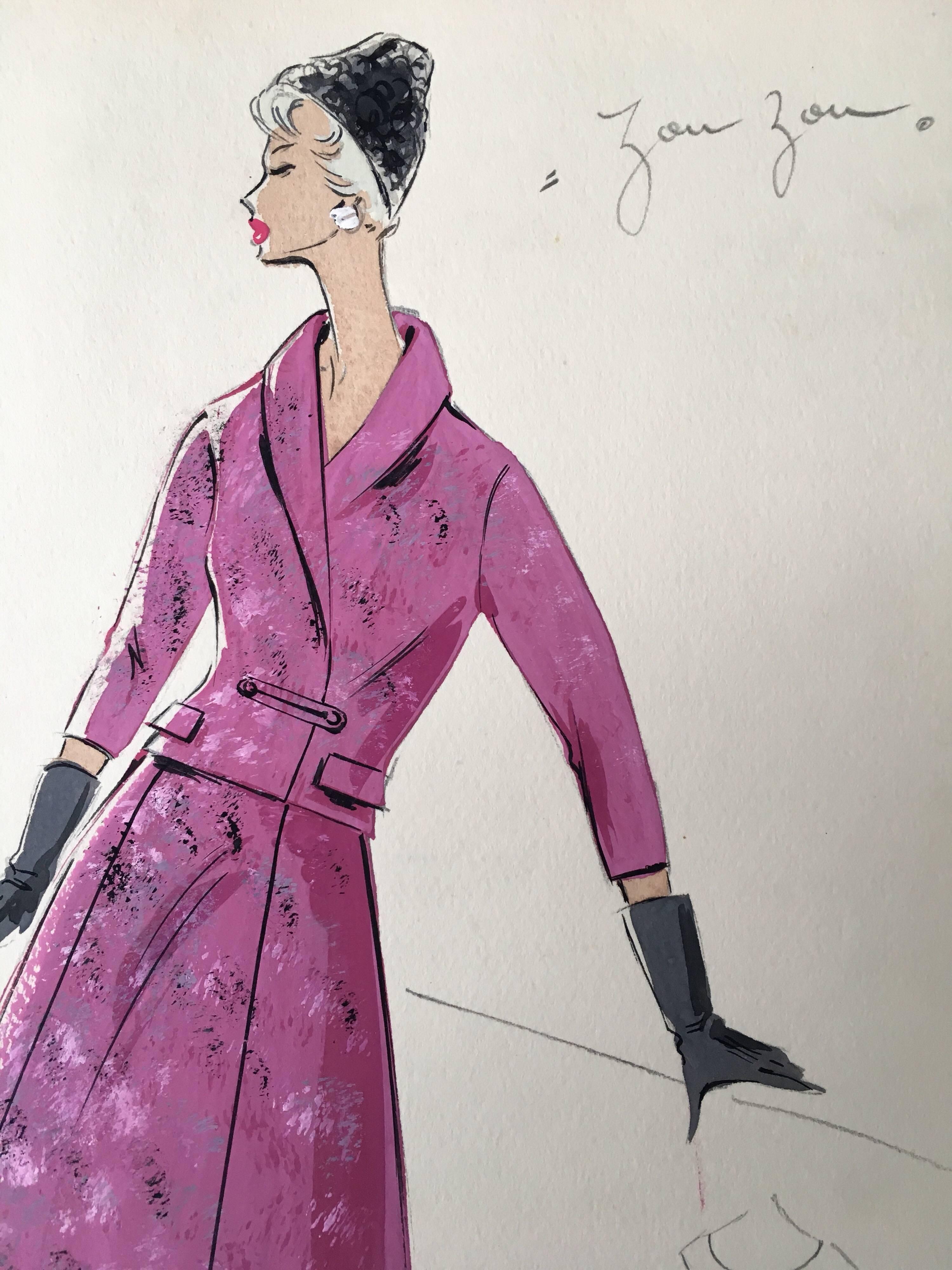 Unknown - Lady in Pink 1950's Two Piece Parisian Fashion Illustration ...