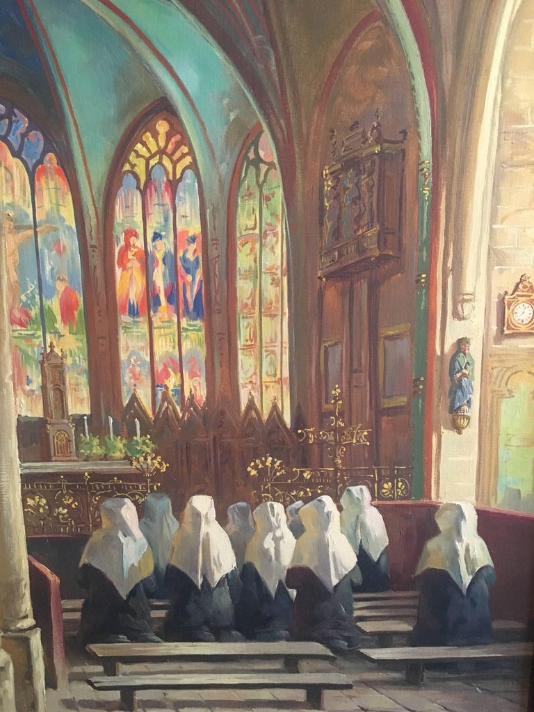 Unknown - Nuns in Prayer, Fine Church Interior, Signed Oil Painting at ...