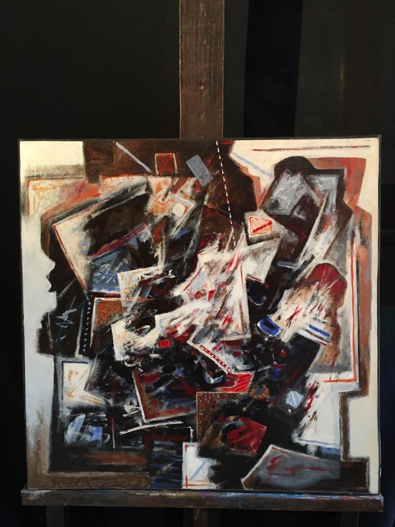 Unknown - Abstract Oil Painting, Red, Cream, Blue and Black, Cubism ...