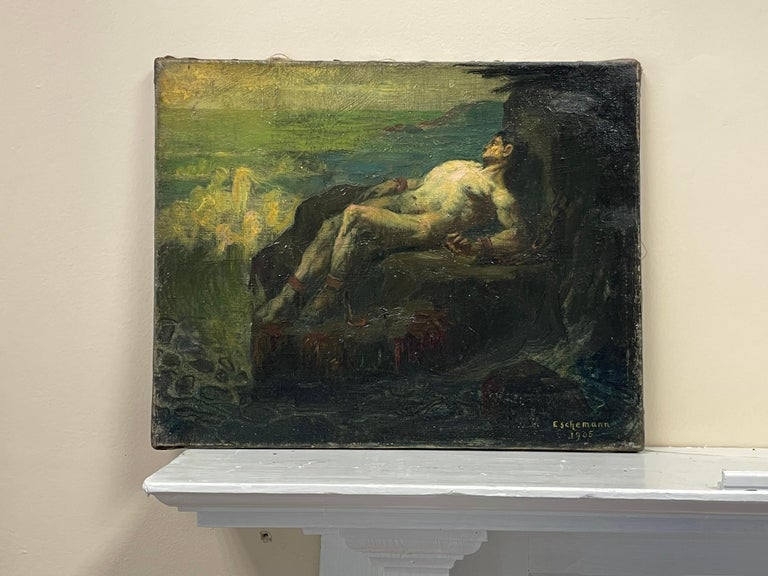 E. Schemann - Antique French Symbolist Signed Oil Prometheus Chained to ...