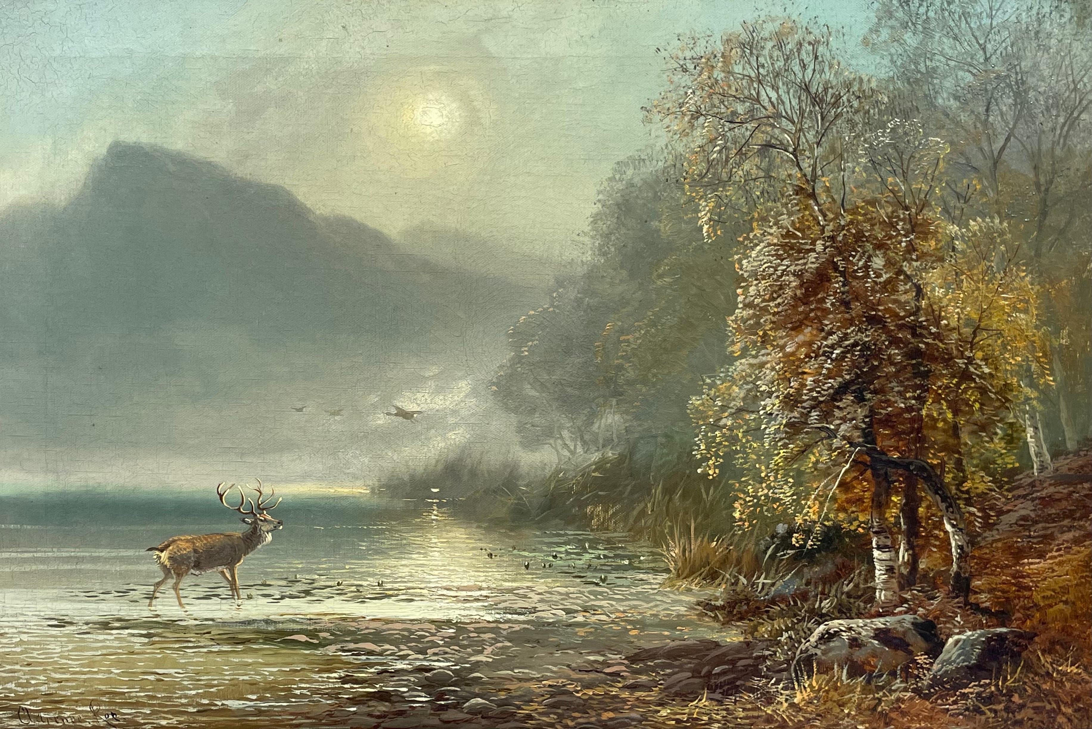 Clarence Roe - Antique Scottish Oil Painting Stag in Highland Loch ...