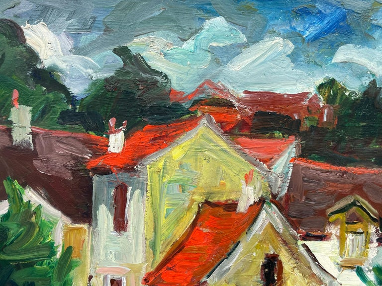 French Fauvist - 1950's French Fauvist Signed Oil Red Roof Tops Pink ...
