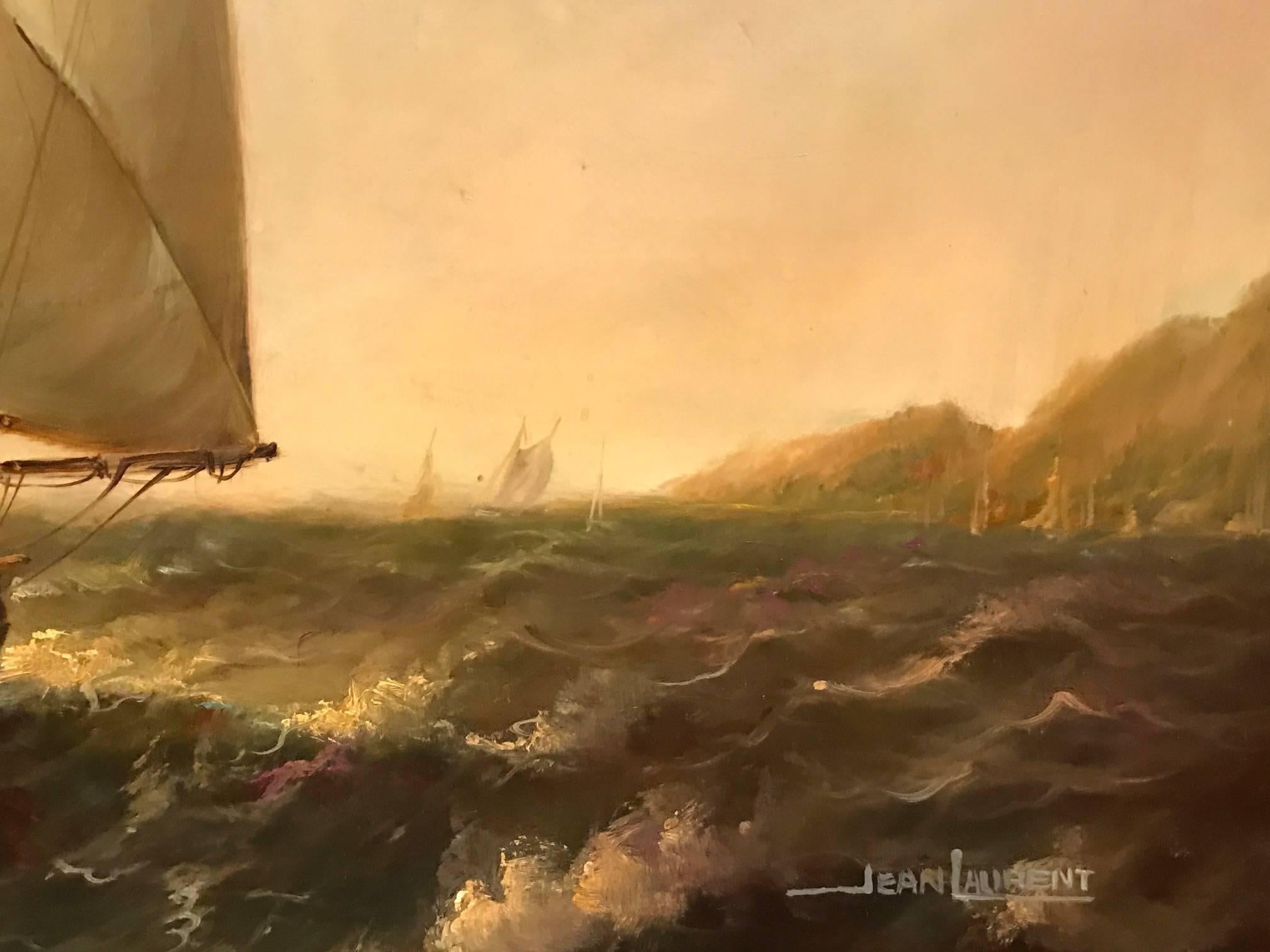 Jean Laurent - Fine French Marine Oil Painting Fishing Boat on Rough ...