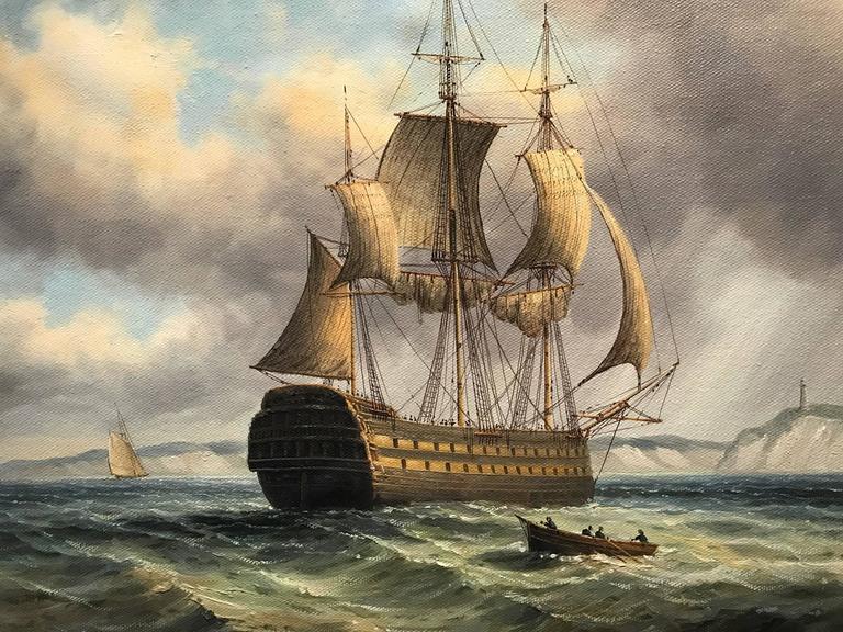 James Hardy - Napoleonic Warship in Seas off Coastline - Fine Oil ...