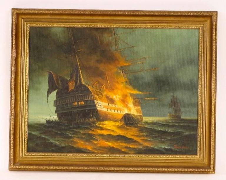 James Hardy - Napoleonic Warship Ablaze at Sea - oil painting at 1stDibs