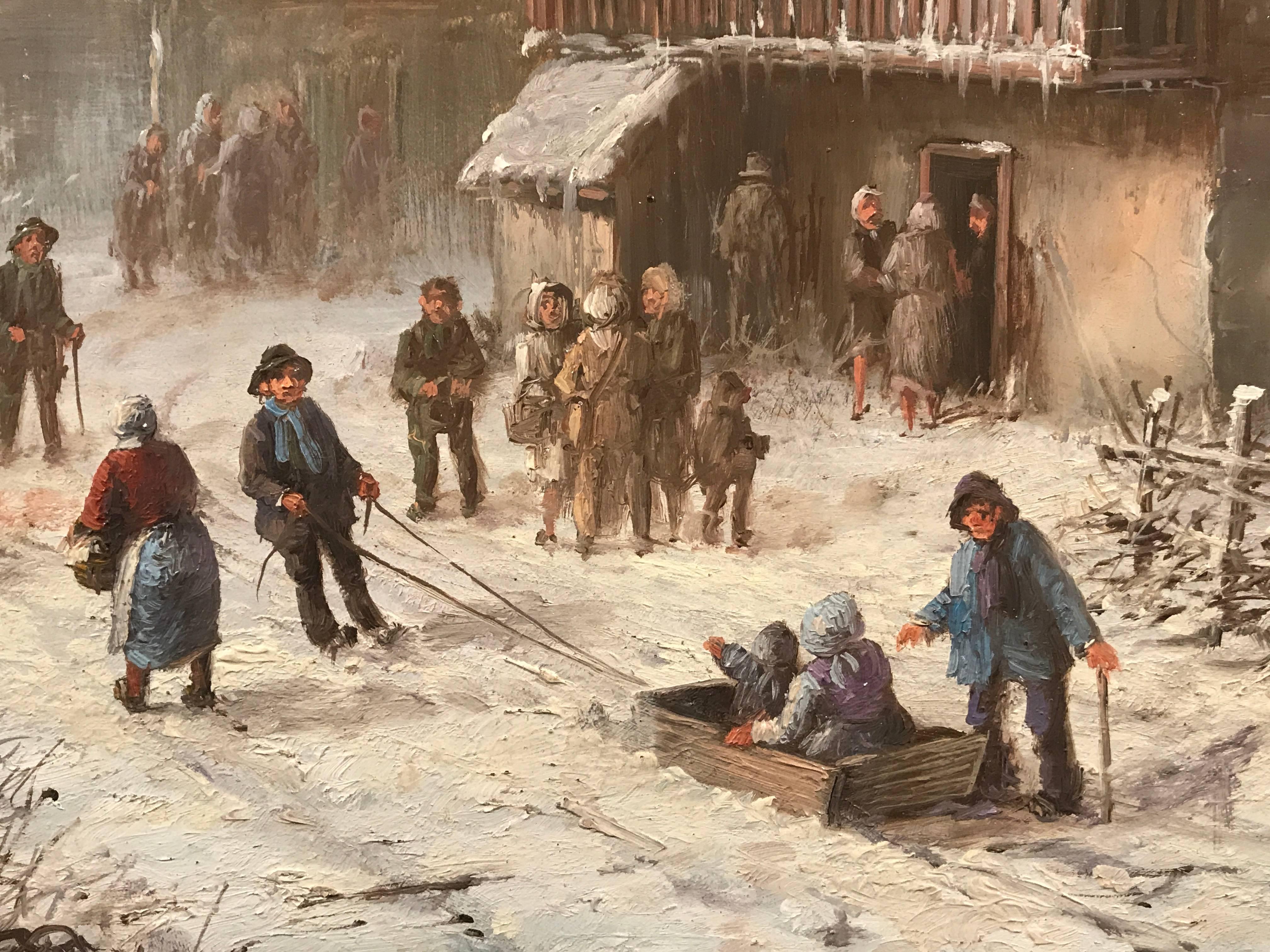 Unknown - Dutch Winter Village Snow Scene Sledging Many Figures Signed ...
