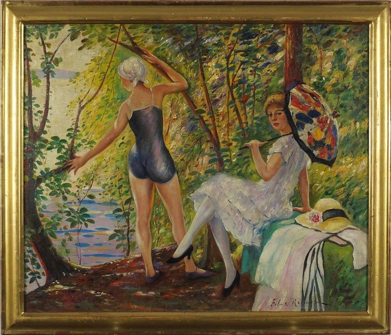 Unknown - Elegant Ladies Bathing by River, French Impressionist Signed ...
