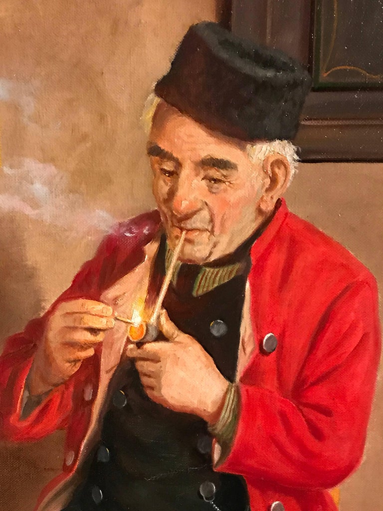 Hans Fenger - A Quiet Smoke, antique German oil painting at 1stDibs