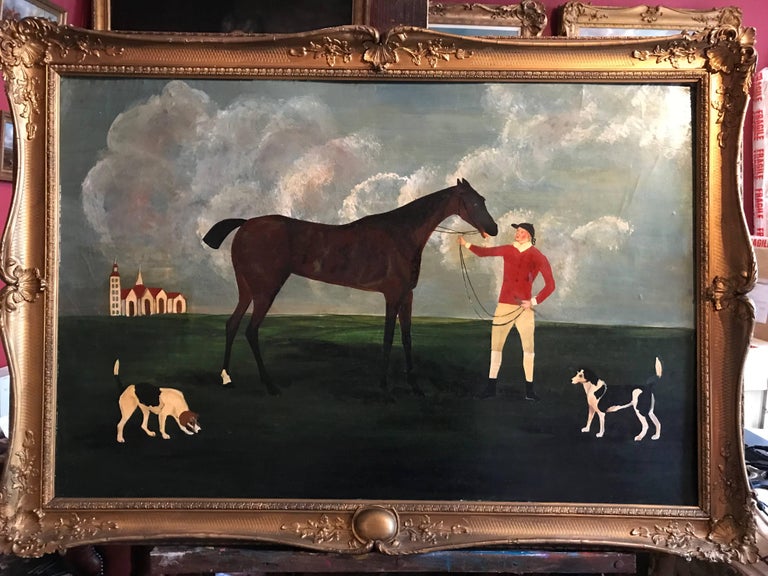 Unknown - Antique English Primitive Hunting Scene Oil Painting at 1stDibs