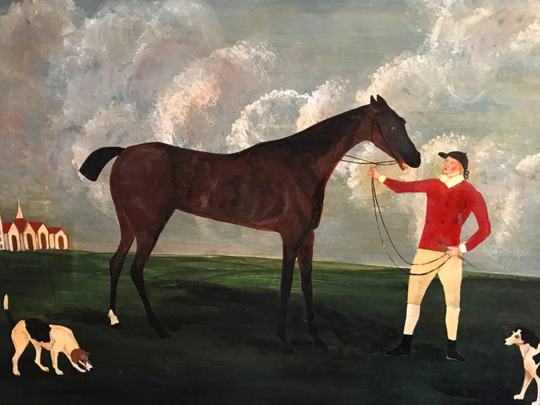 Unknown - Antique English Primitive Hunting Scene Oil Painting at 1stDibs