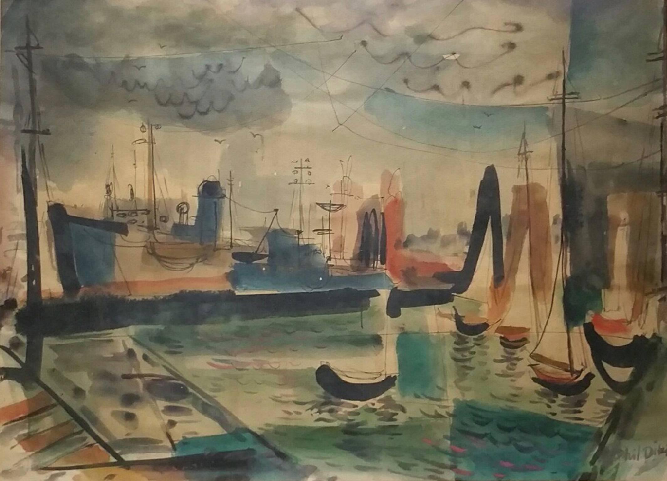 Phil Dike - Boats in Harbor at 1stDibs | phil dike artist, phil dike ...