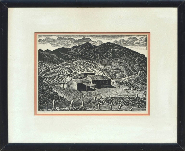 Ina Annette - Mid Century Sheep Ranch Landscape Woodblock For Sale at ...